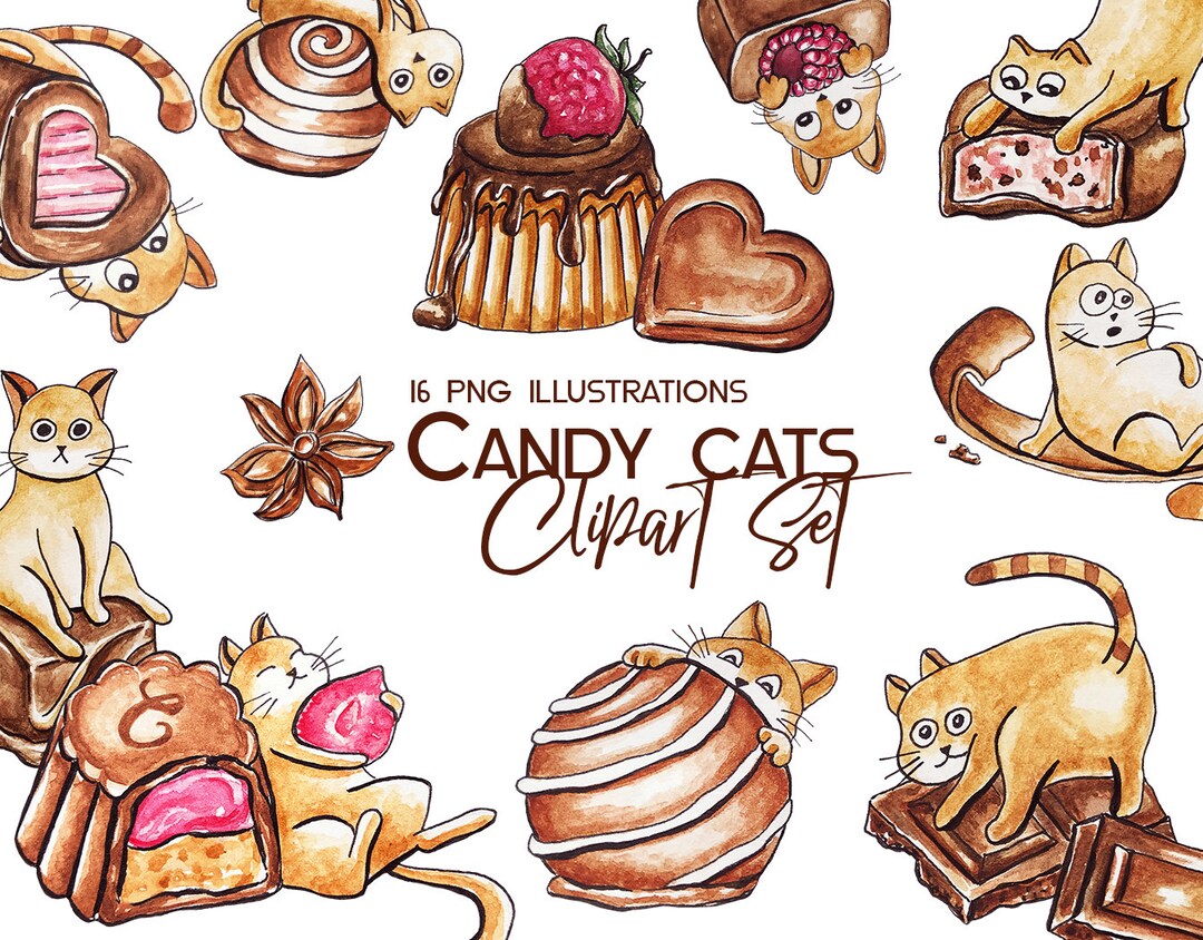 Watercolor Cats Digital Clipart Candy Stickers Chocolate Lovers Planner ...