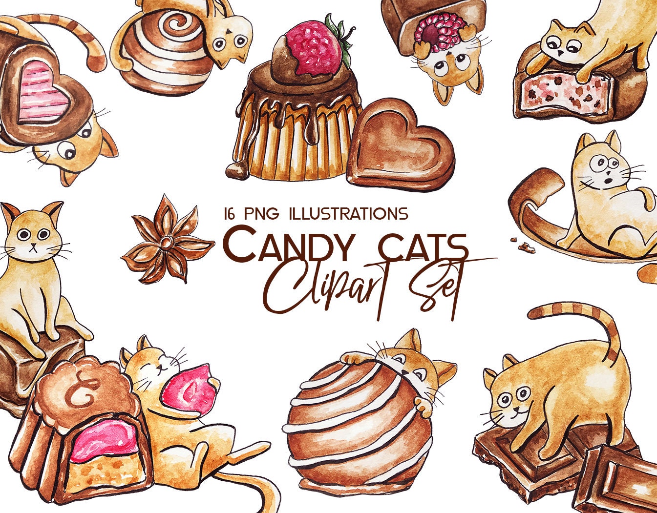 Watercolor Cats Digital Clipart Candy Stickers Chocolate - Etsy