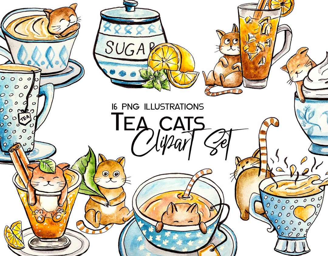 Cats Clipart Tea Digital Stickers Watercolor Clipart Cups Teapots Cute ...