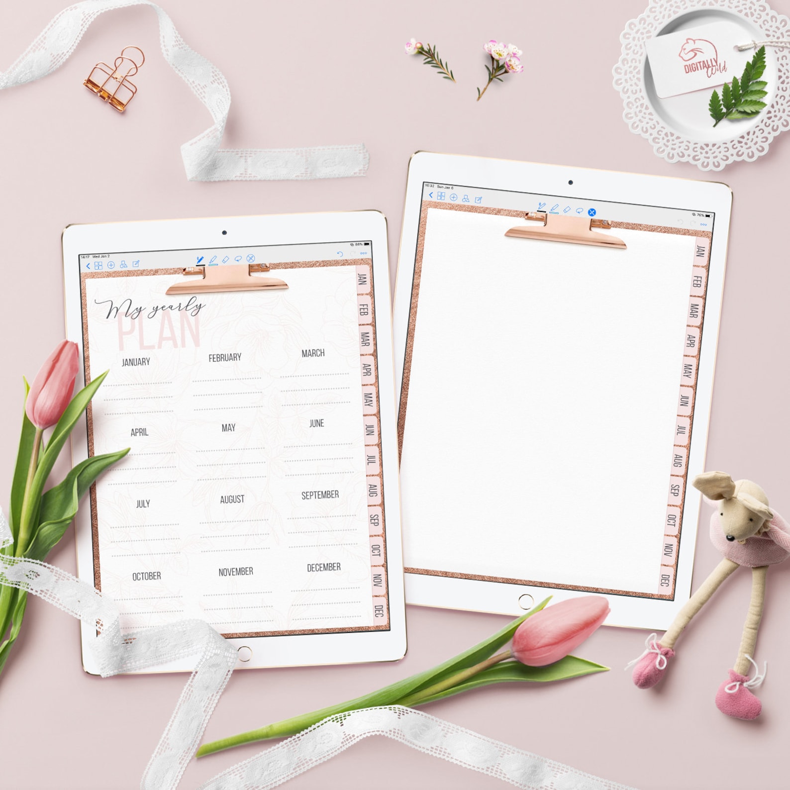 Vertical Digital Planner Rose Gold Undated Monthly & Weekly | Etsy