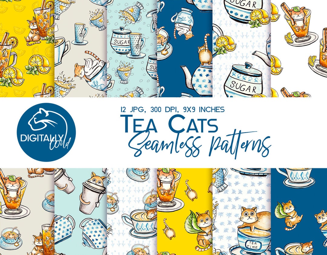 Cats & Tea Digital Papers Cute Kittens Seamless Patterns Cups Teapot ...