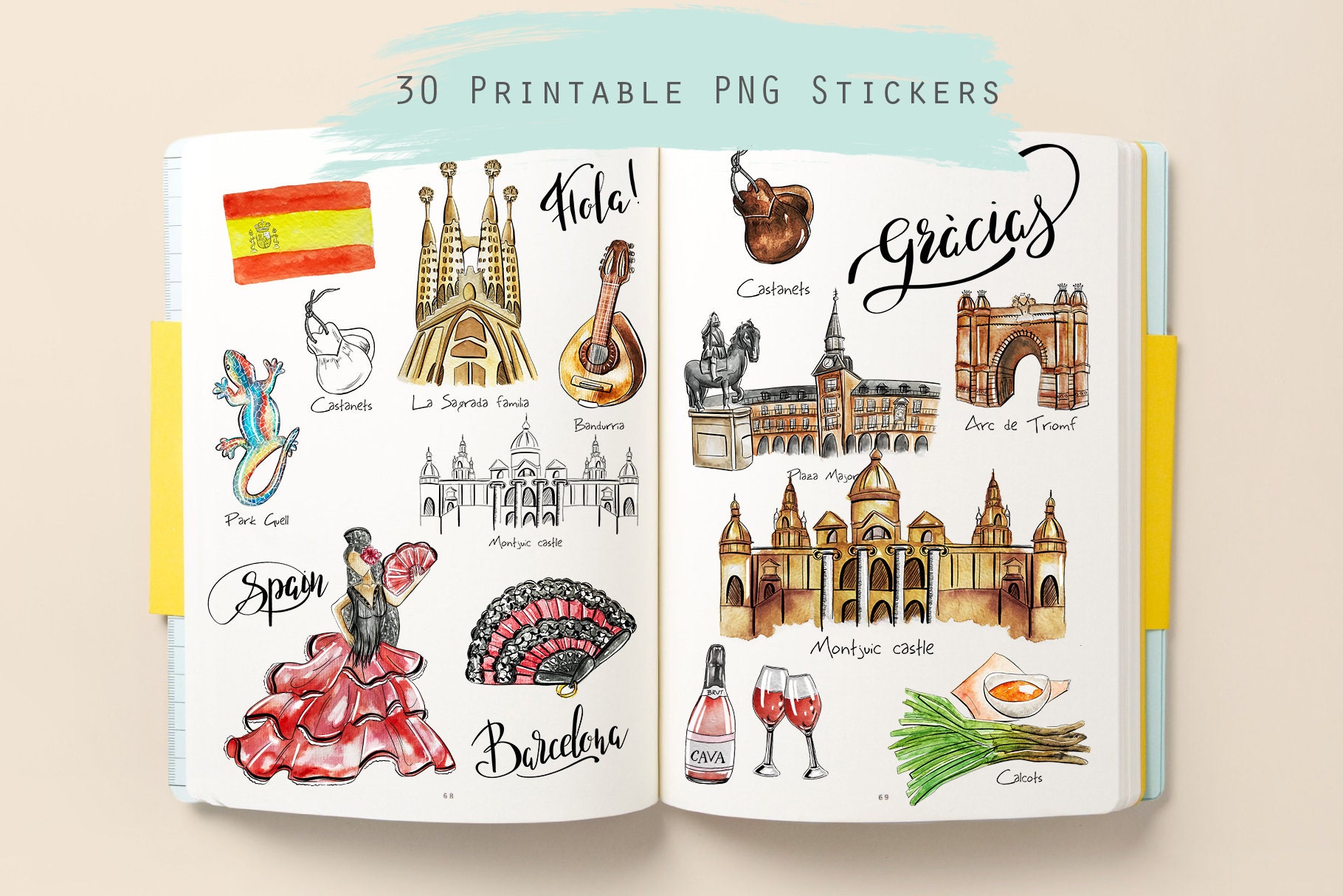 Spain Travel Stickers Printable Barcelona Madrid Digital | Etsy