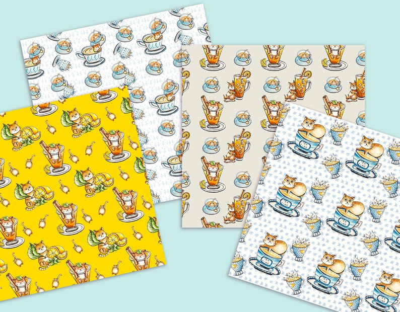 Cats & Tea Digital Papers Cute Kittens Seamless Patterns Cups - Etsy