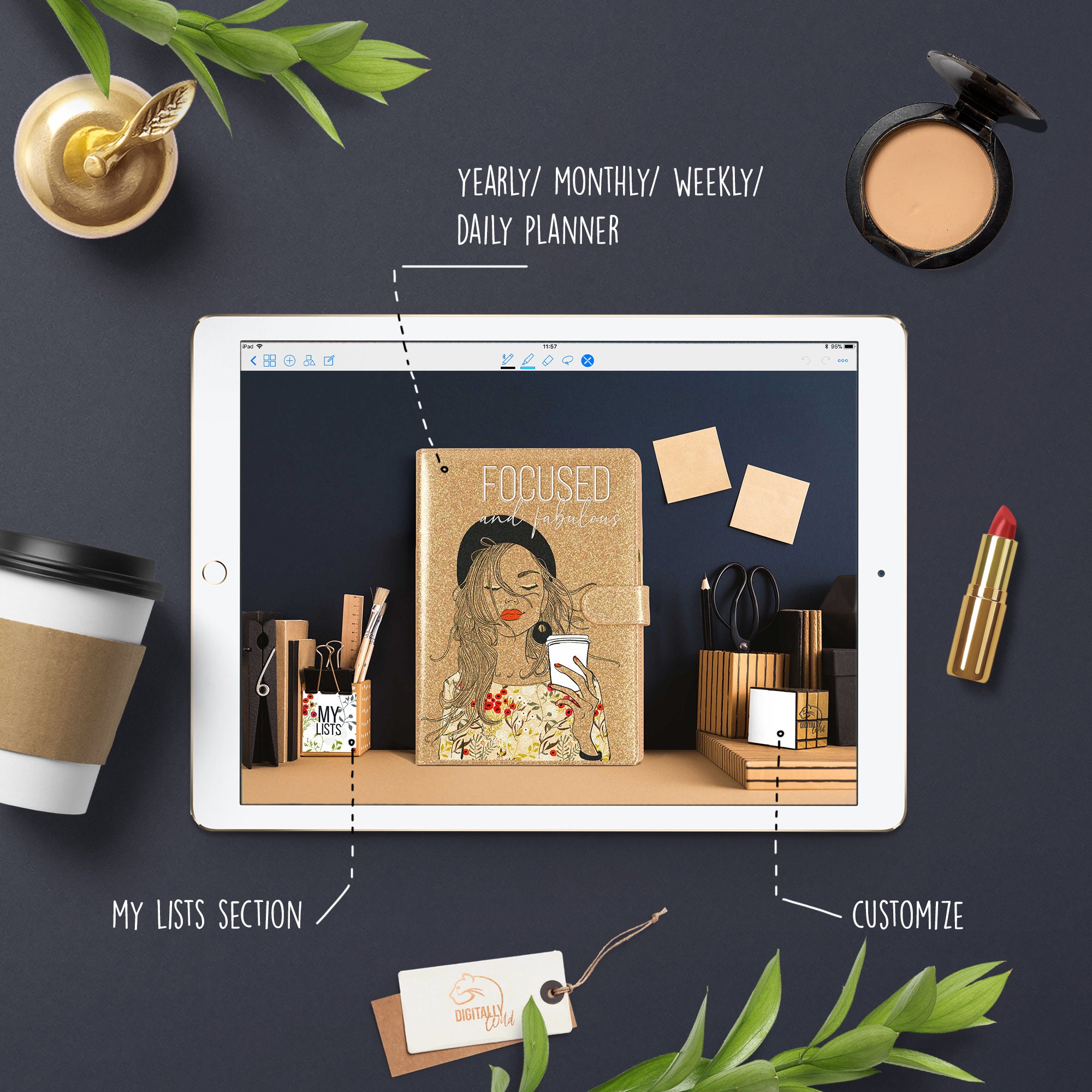 Daily Digital Planner Black and Gold Undated Monthly Weekly Planner ...