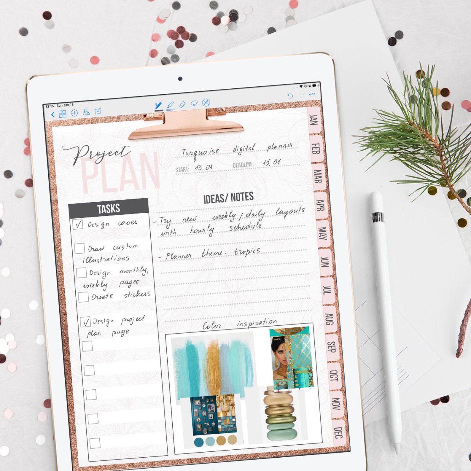 Vertical Digital Planner Rose Gold Undated Monthly & Weekly | Etsy