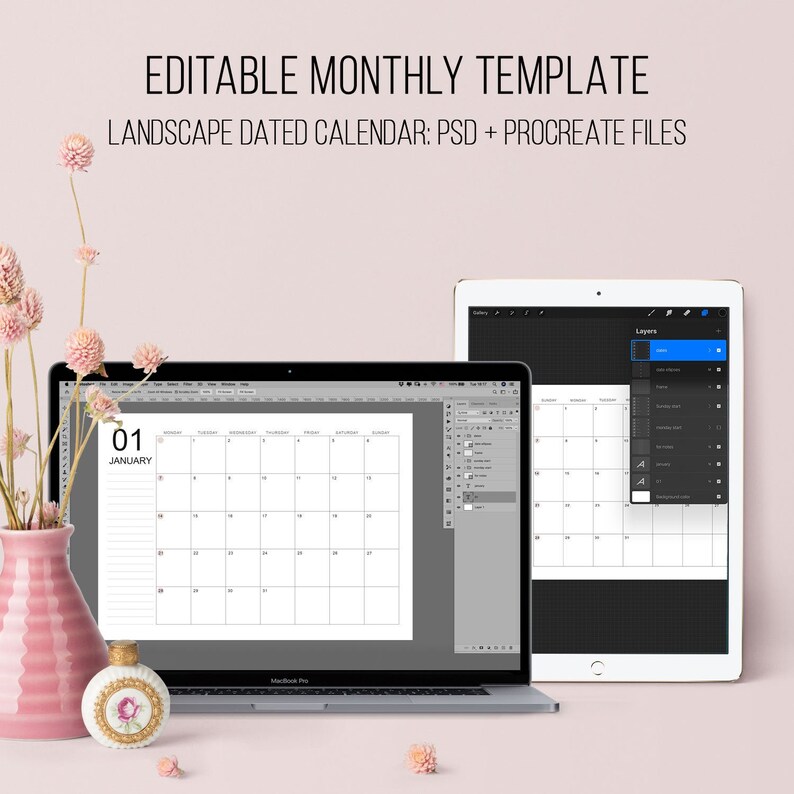 Editable Monthly Layout Landscape for Digital Planner PSD Procreate ...