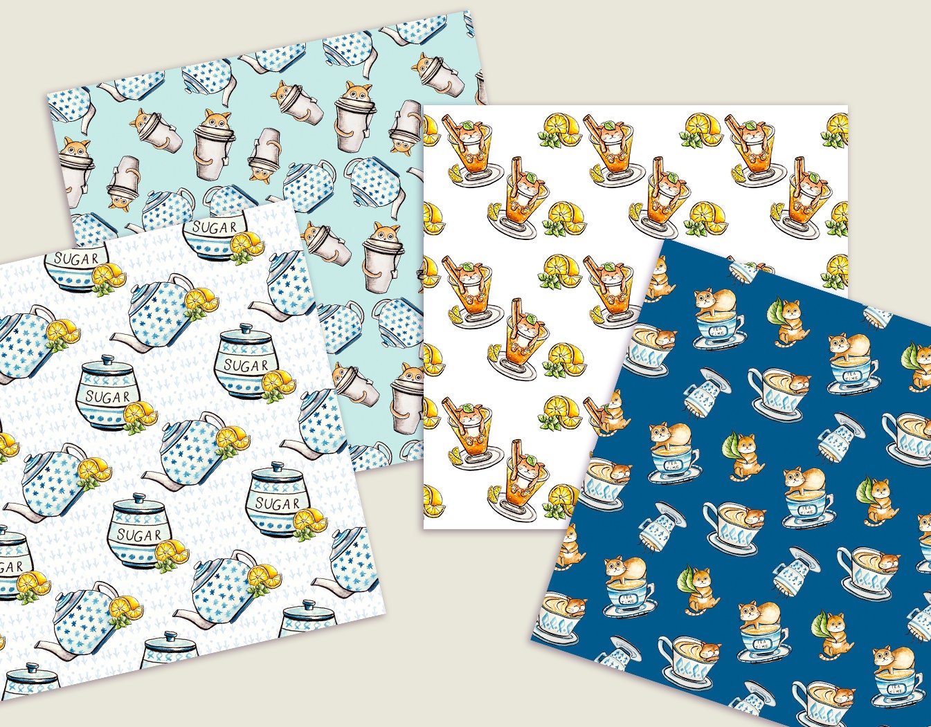 Cats & Tea Digital Papers Cute Kittens Seamless Patterns Cups - Etsy