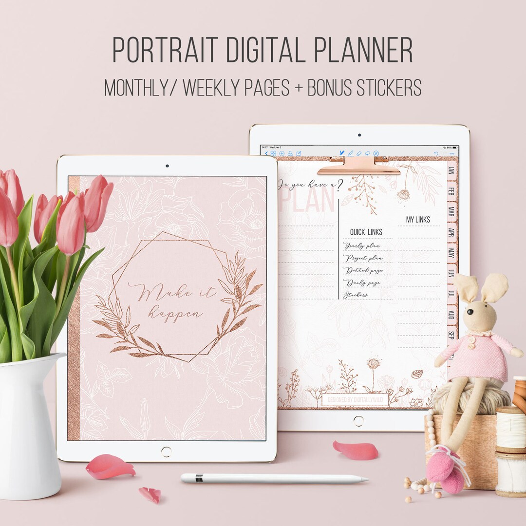 Vertical Digital Planner Rose Gold Undated Monthly & Weekly Planner ...