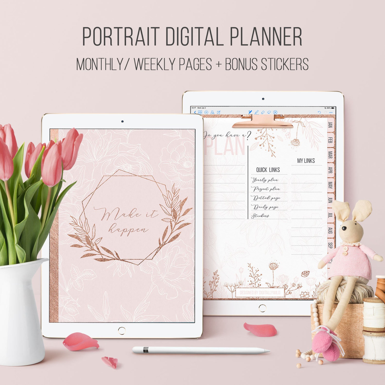 Vertical Digital Planner Rose Gold Undated Monthly & Weekly | Etsy
