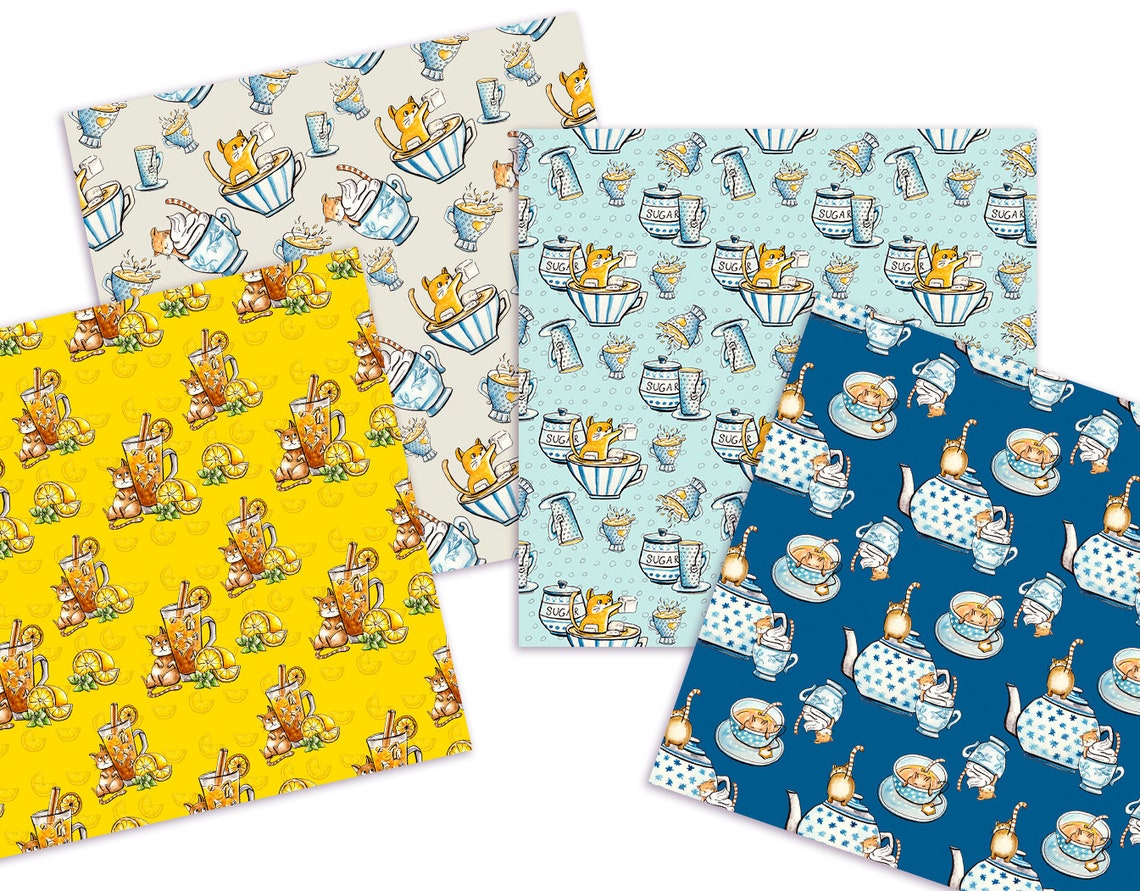 Cats & Tea Digital Papers Cute Kittens Seamless Patterns Cups - Etsy