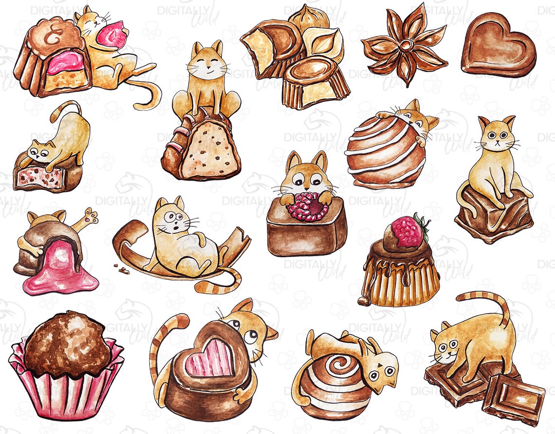 Watercolor Cats Digital Clipart Candy Stickers Chocolate - Etsy