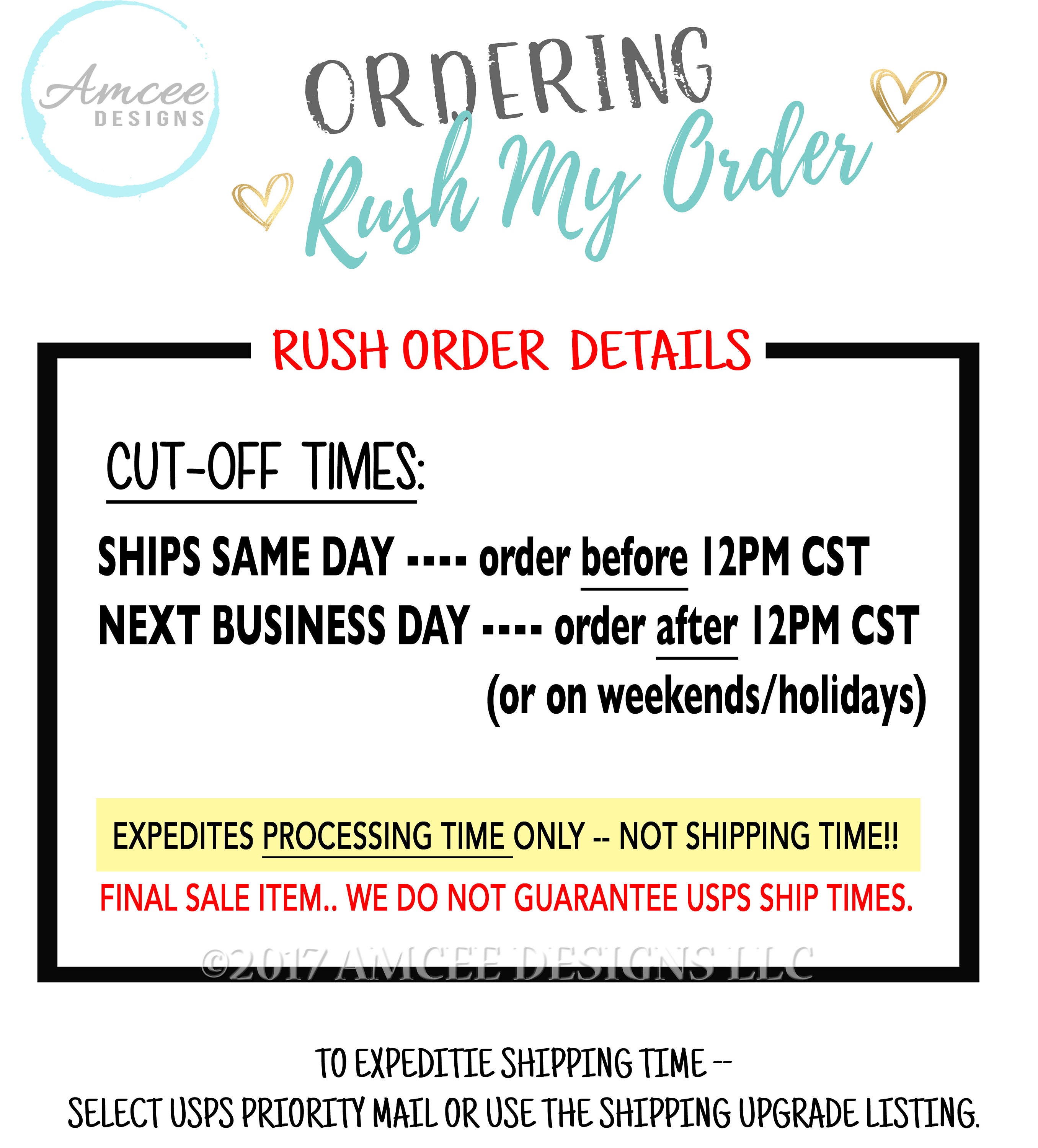Rush My Order / Expedite Processing Time Only / Amcee Designs | Etsy