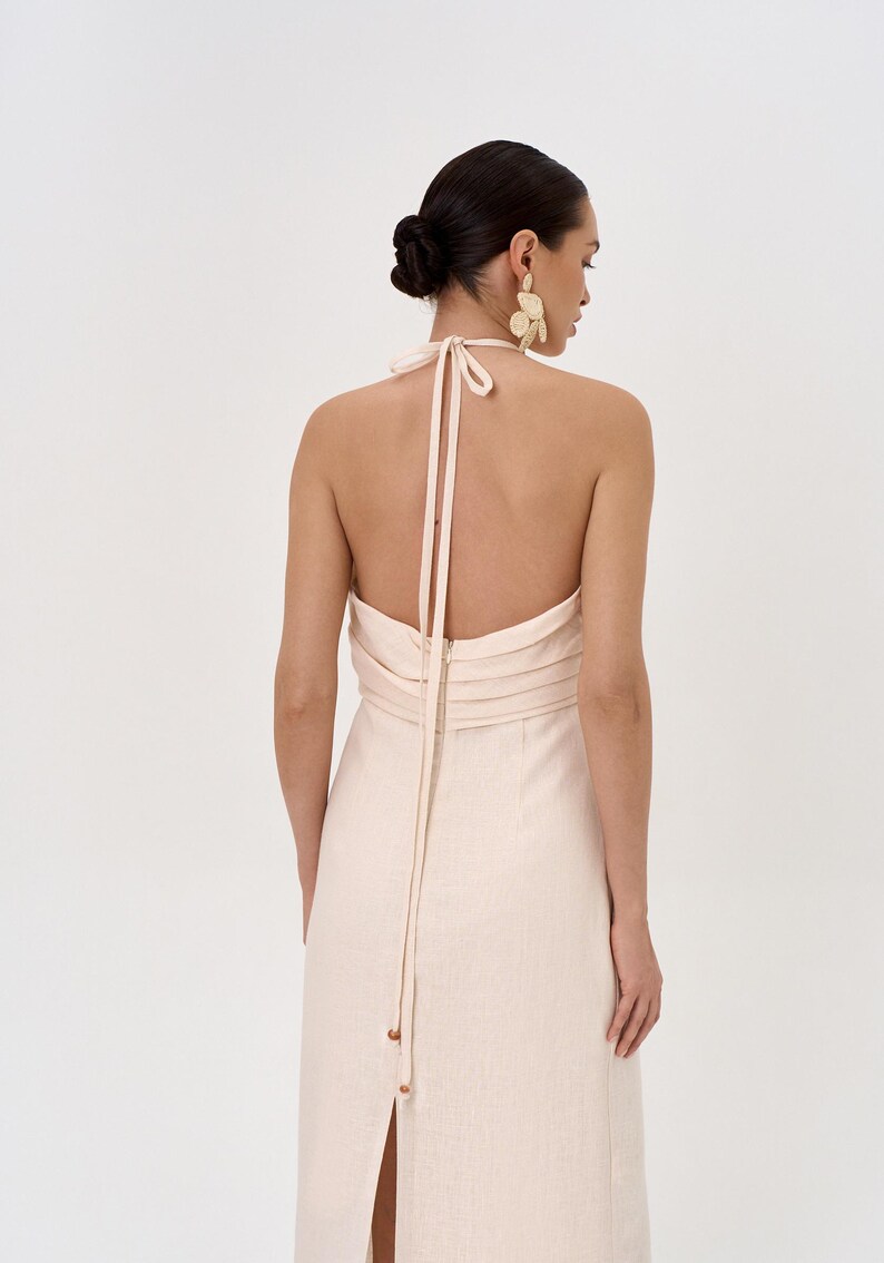 Elegant Linen Halter Maxi Dress - Backless Gloria Design for Weddings ...