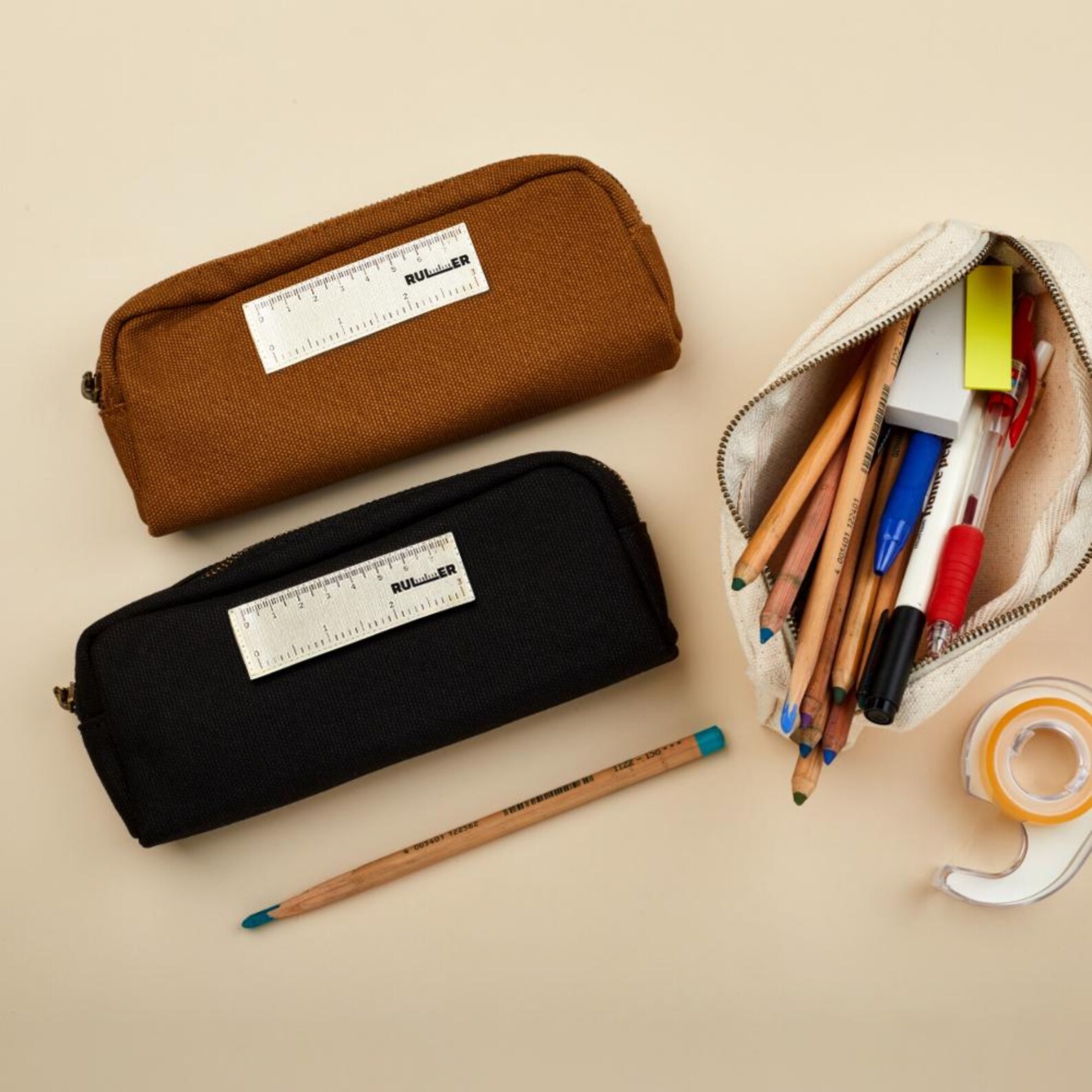Canvas Pencil Case Pouch With Ruler Simple Spacious Design School ...