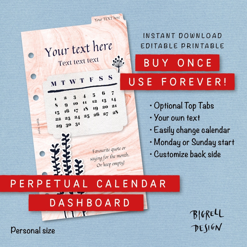 Dashboard Perpetual Calendar With Your Own Text. Editable Printable ...