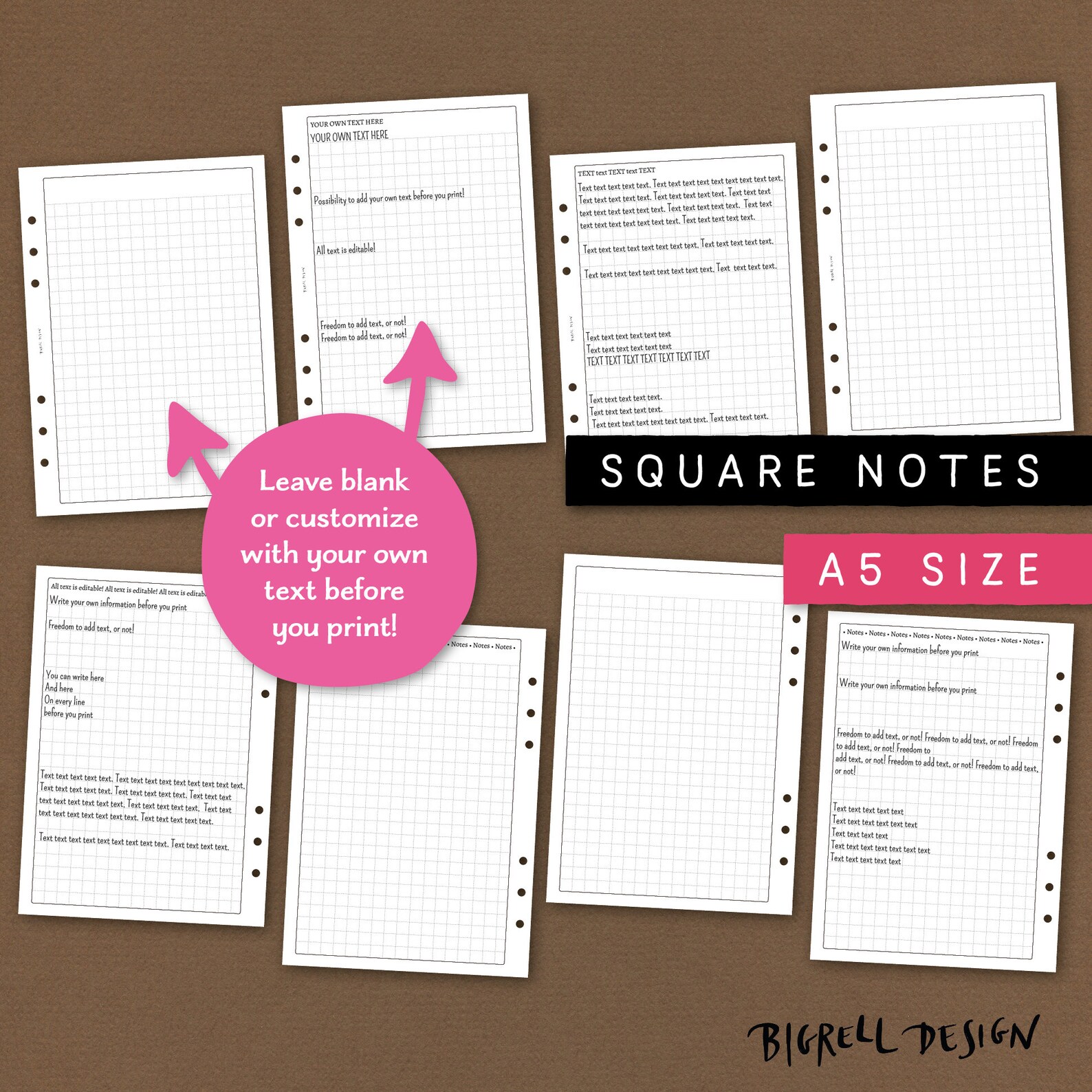 Square Grid Notes. Editable Printable Notepaper and List Making Insert ...