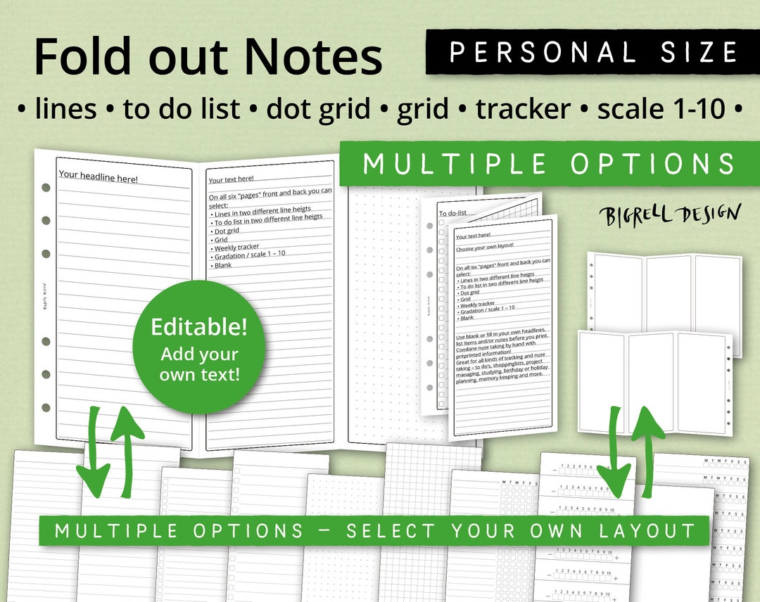 Editable Fold Out Notes. Lines, to Do, Dot Grid, Grid, Tracker, Scale 1 ...