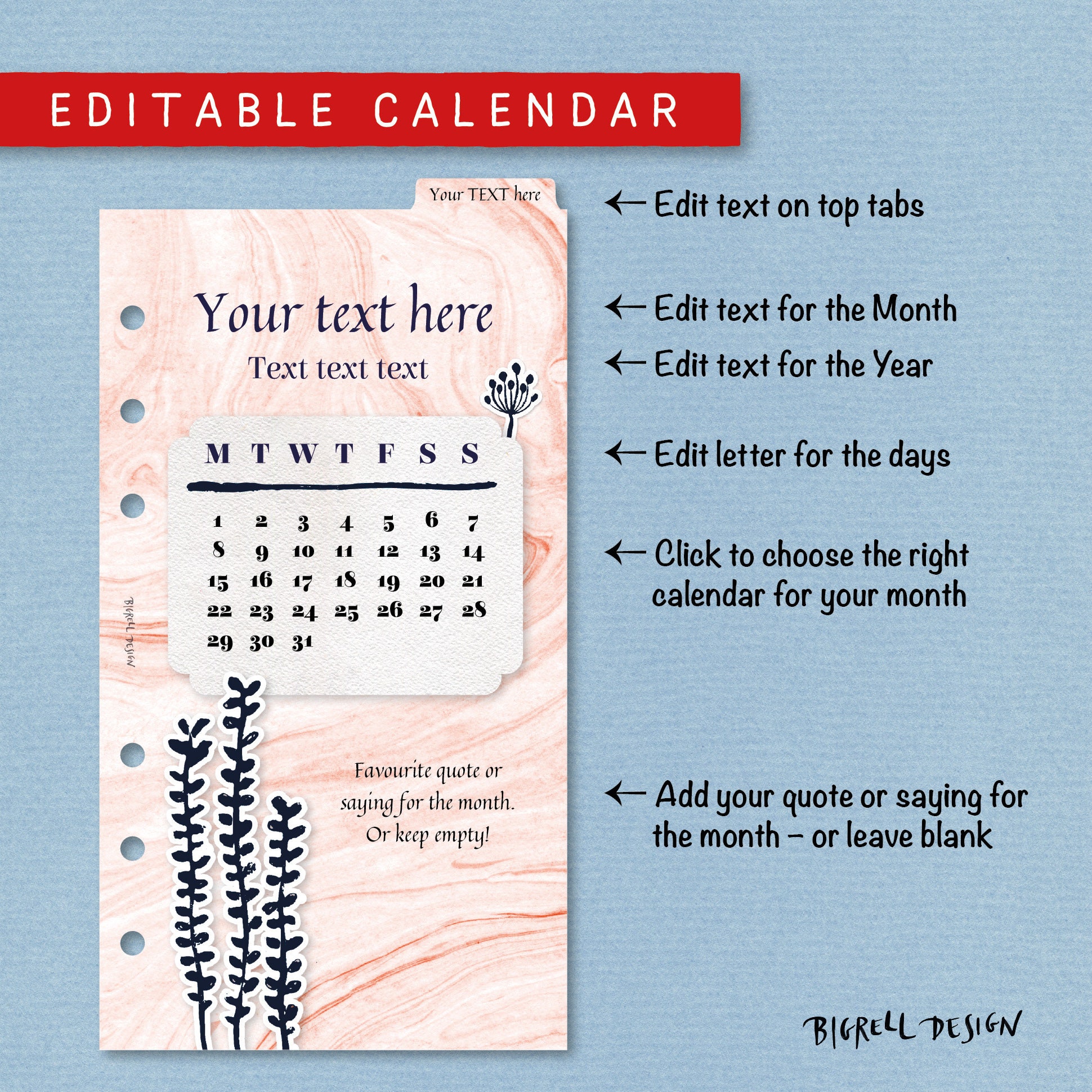 Dashboard Perpetual Calendar With Your Own Text. Editable Printable ...