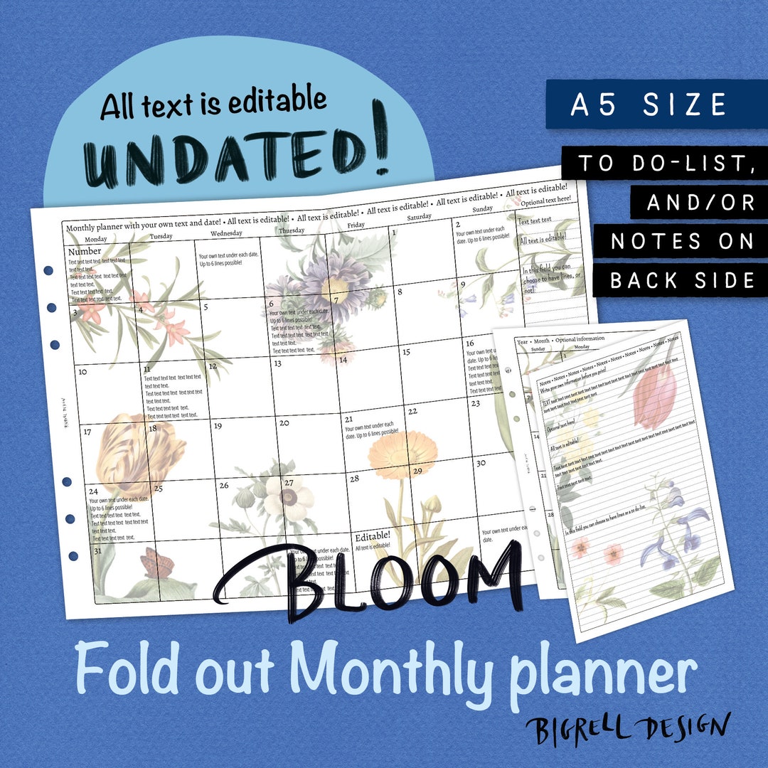 Foldout Monthly Planner. Editable, Undated, Printable, Calendar ...