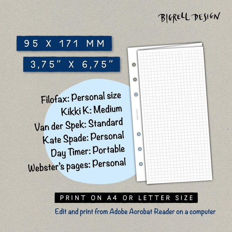 Grid Insert for Filofax. Editable Trifold Pages in Personal Size. 4 Mm ...