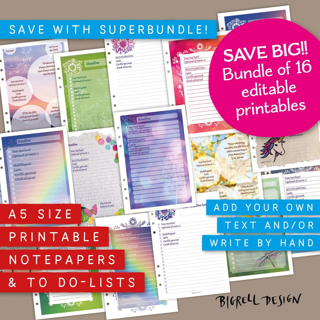 SUPERBUNDLE of 16 Editable Printable Notepapers/todo-lists A5 Size ...