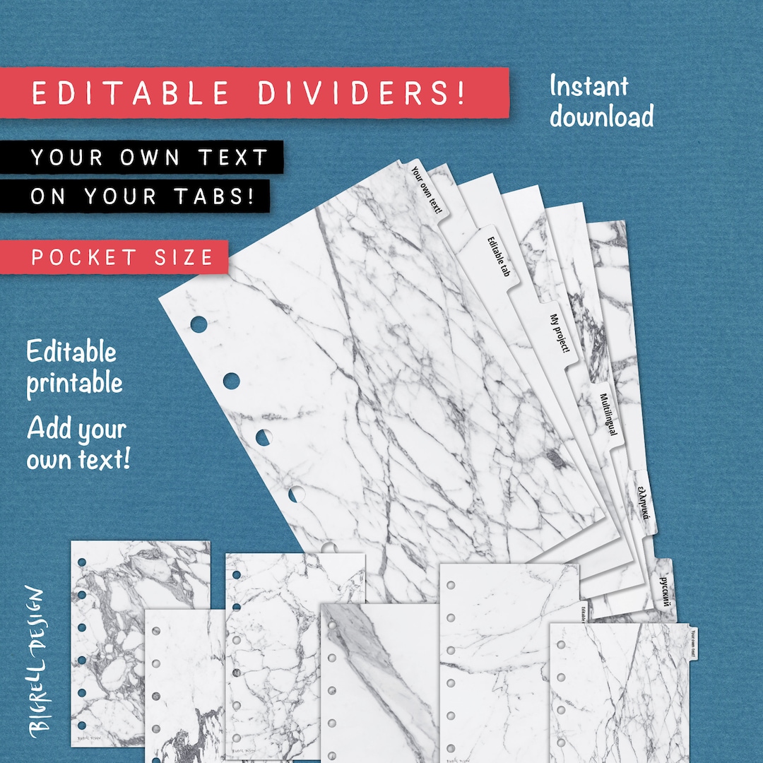 Dividers With Your Own Text. 6-tab. Pocket Size. Sleek Marble Textured ...