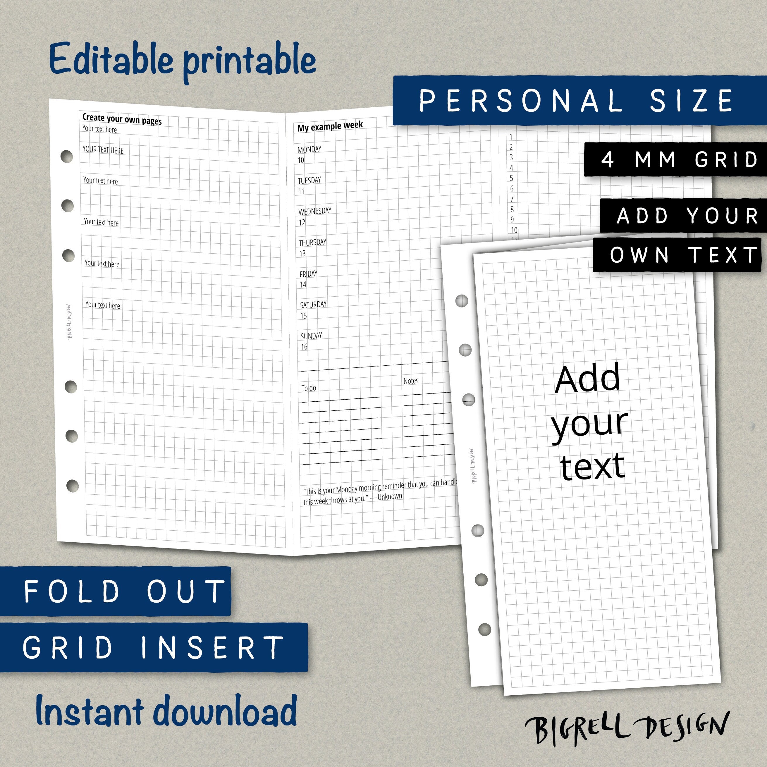 Grid Insert for Filofax. Editable Trifold Pages in Personal Size. 4 Mm ...