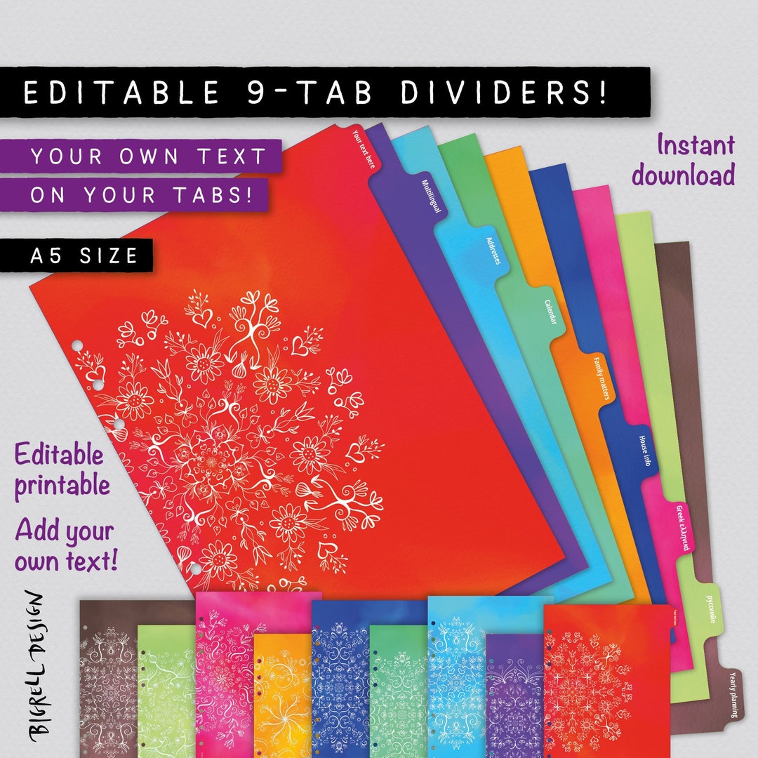 Dividers With Your Own Text. 9-tab. A5 Size. Rainbow Watercolor Mandala ...