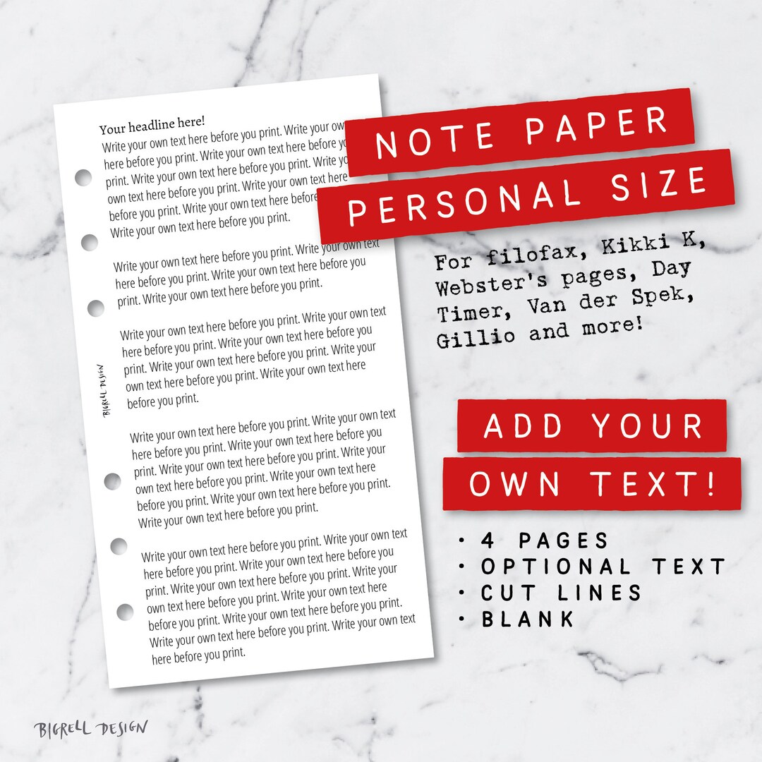 Editable Notepaper in Personal Size. Optional Own Text. Print on A4 or ...