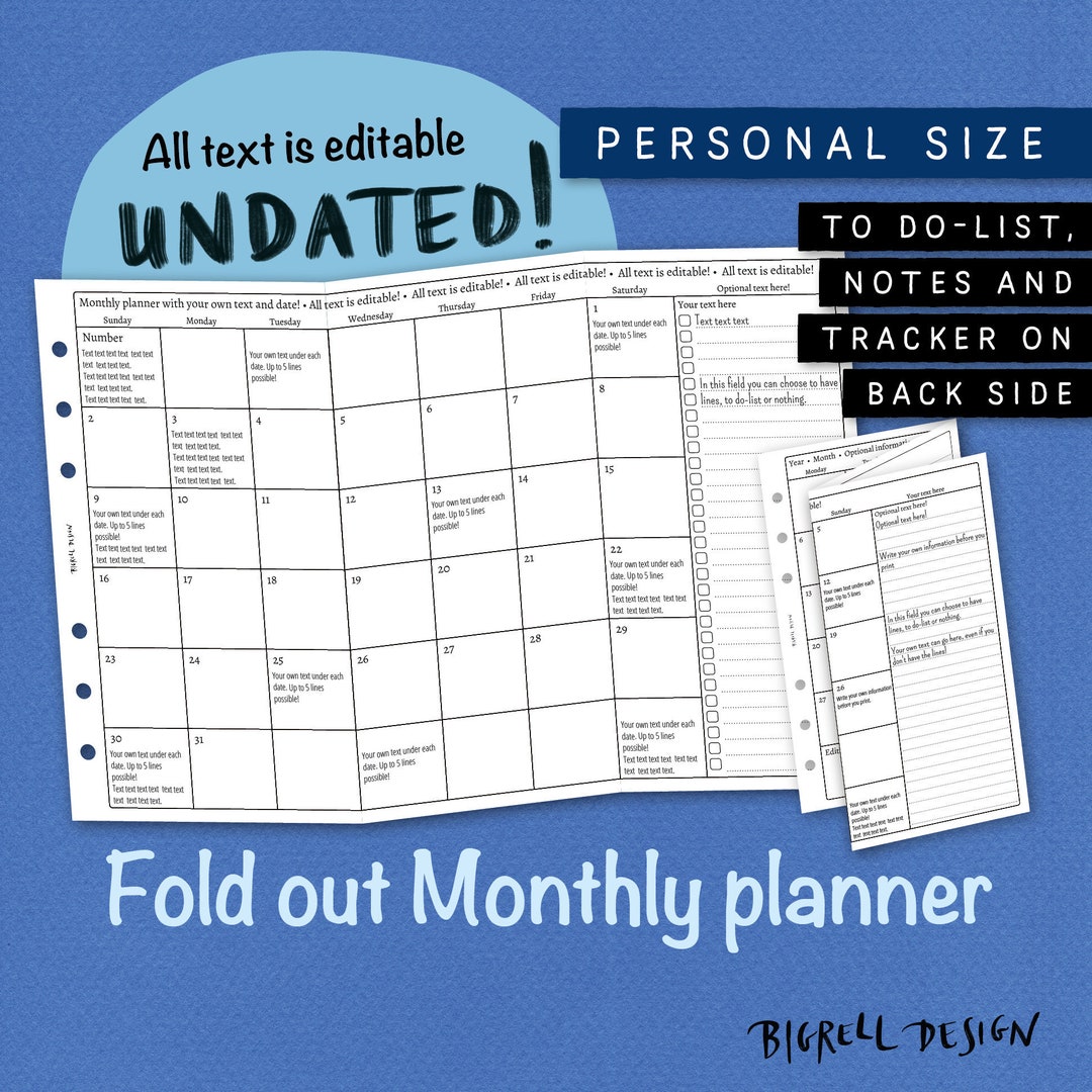 Foldout Monthly Planner. Editable, Undated, Printable, Calendar ...