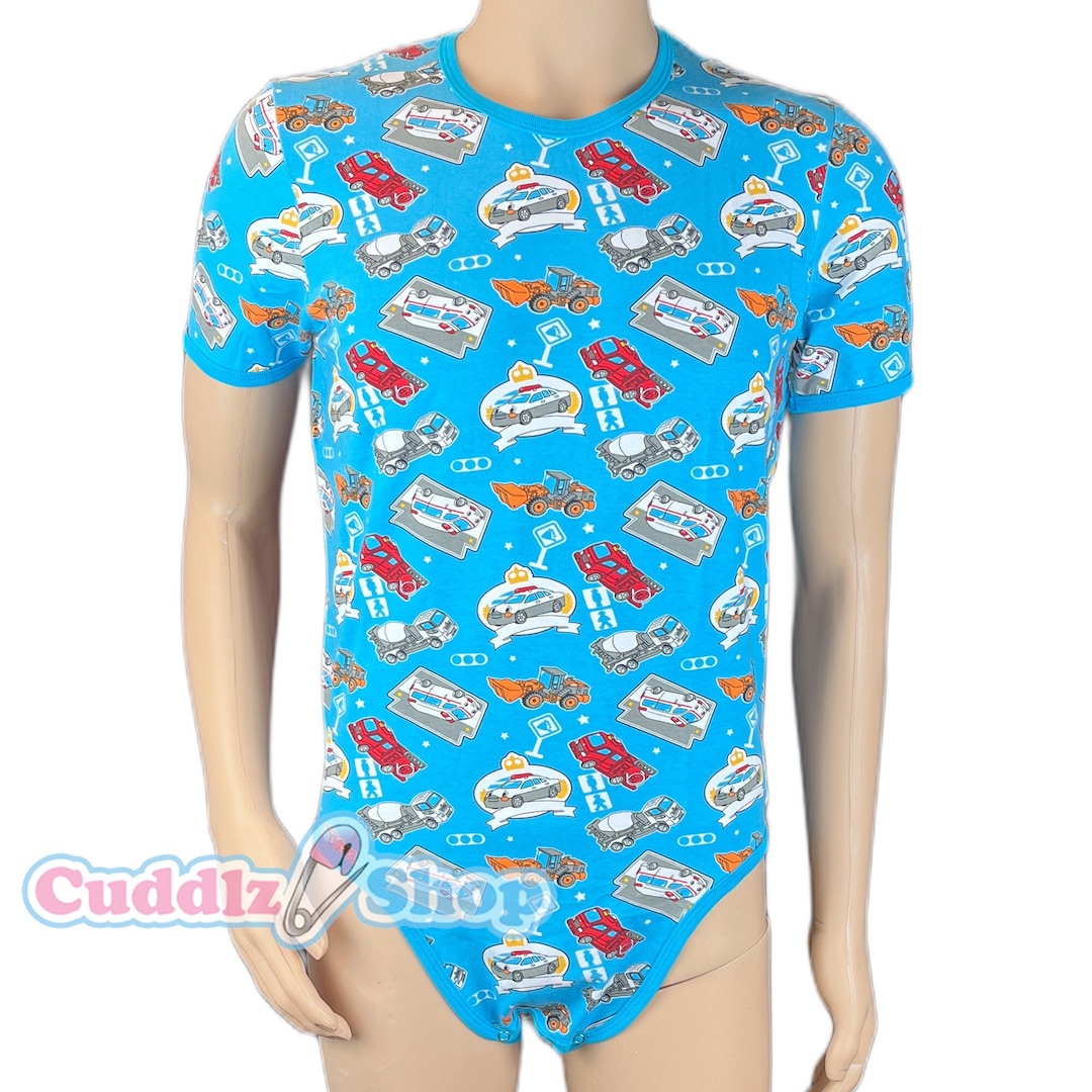 Cuddlz Blue Boys Toys Pattern Cotton Stretch Adult Short Onesie Abdl