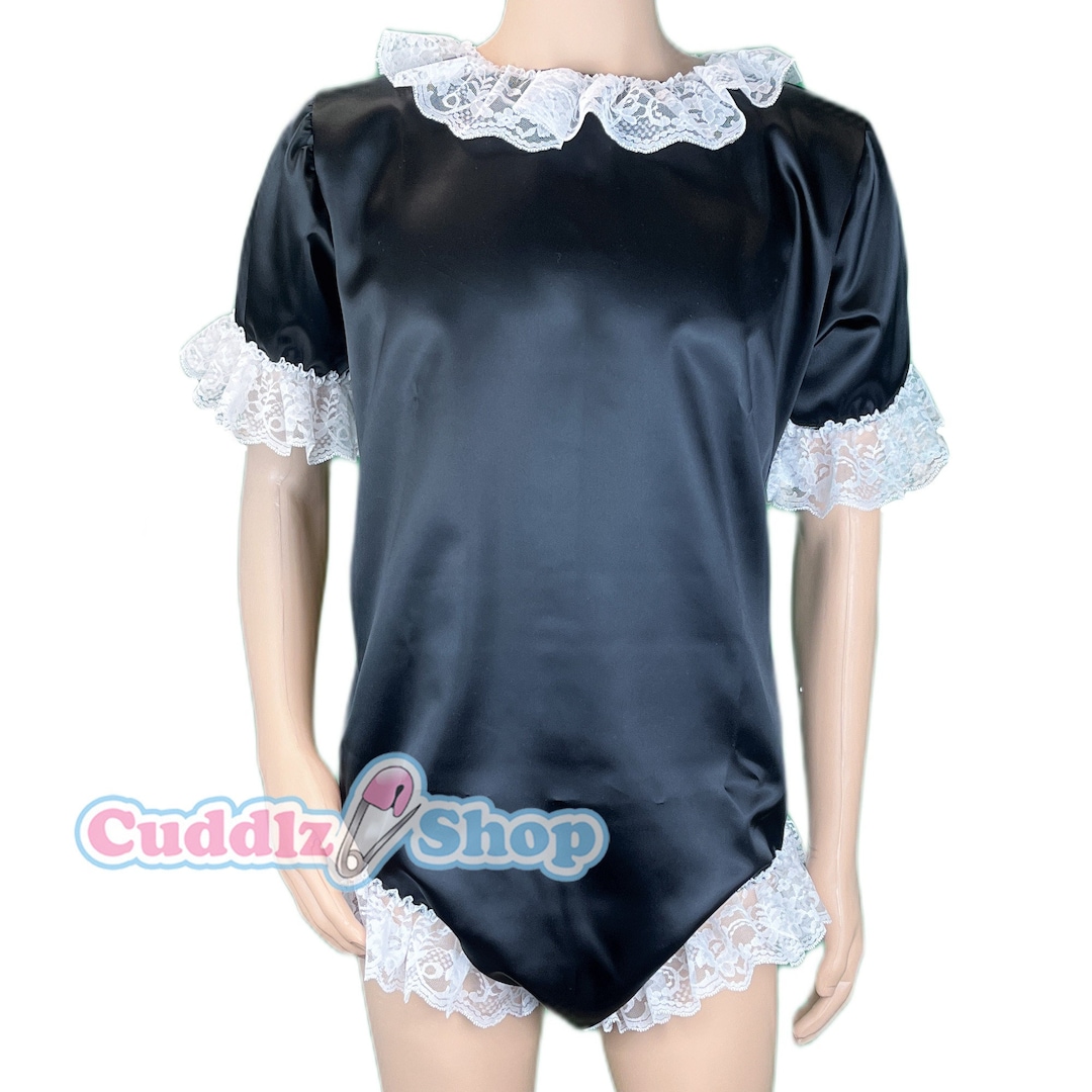 Cuddlz Sissy Black Satin Lockable Frilly Adult Sized Onesie Body Suit ...
