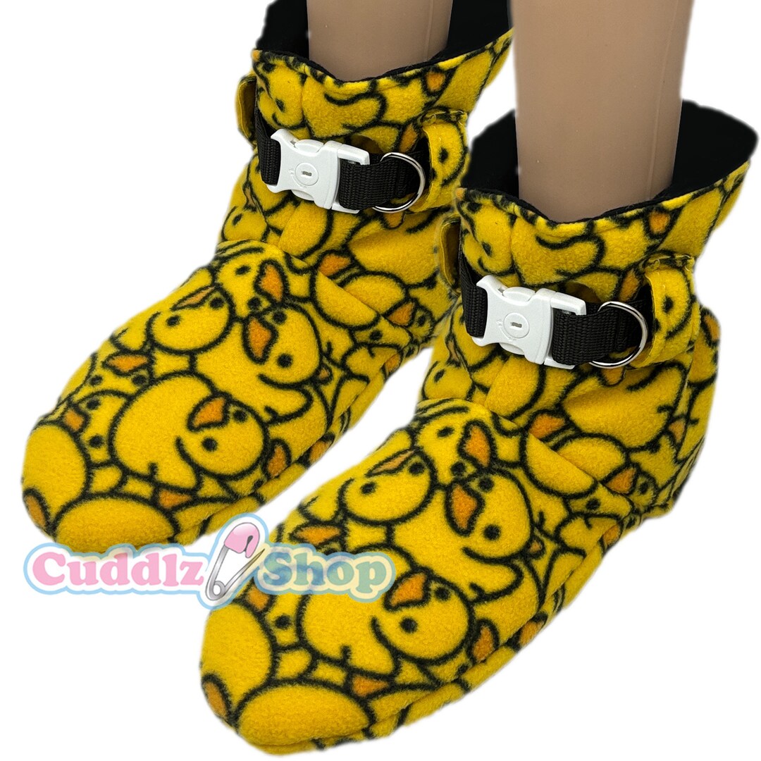 Cuddlz Pair of Yellow Duck Pattern Fleece Adult Locking Lockable Padded ...