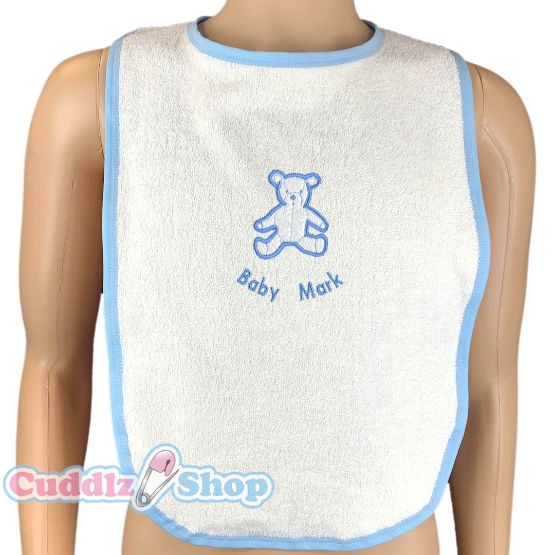 Cuddlz Teddy Design Adult Sized Personalised White Towelling Bib ABDL ...