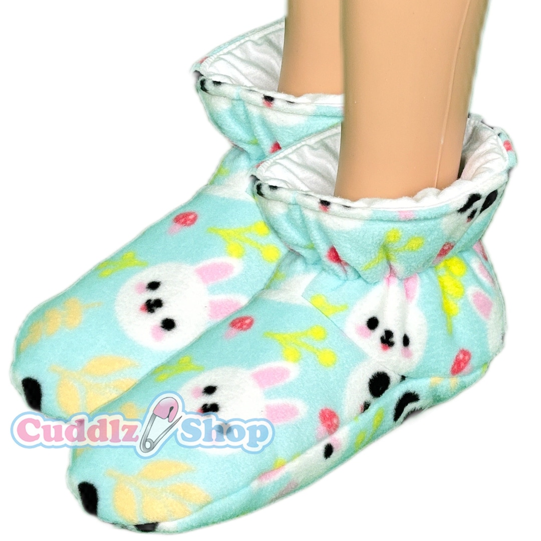 Cuddlz Mint Panda Bunny Pattern Padded Fleece Adult Sized Booties ...