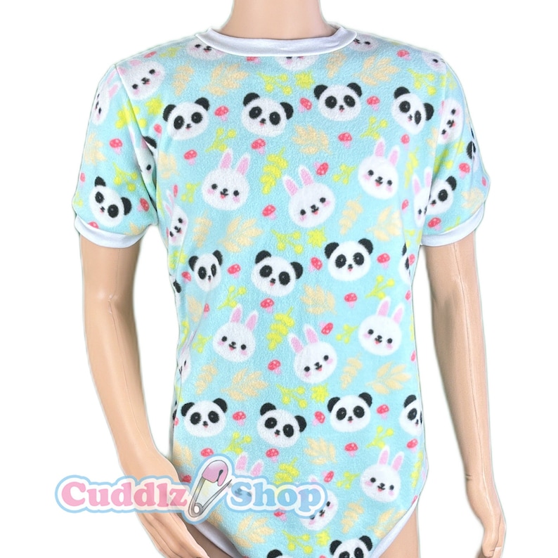 Cuddlz Short Mint Blue Bunny and Panda Pattern Adult Onesie Crotch ...