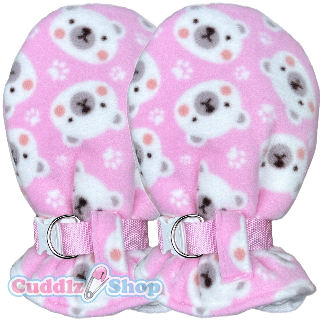 Cuddlz Pink Teddy Pattern Fleece Adult Sized Locking / Lockable Mittens ...