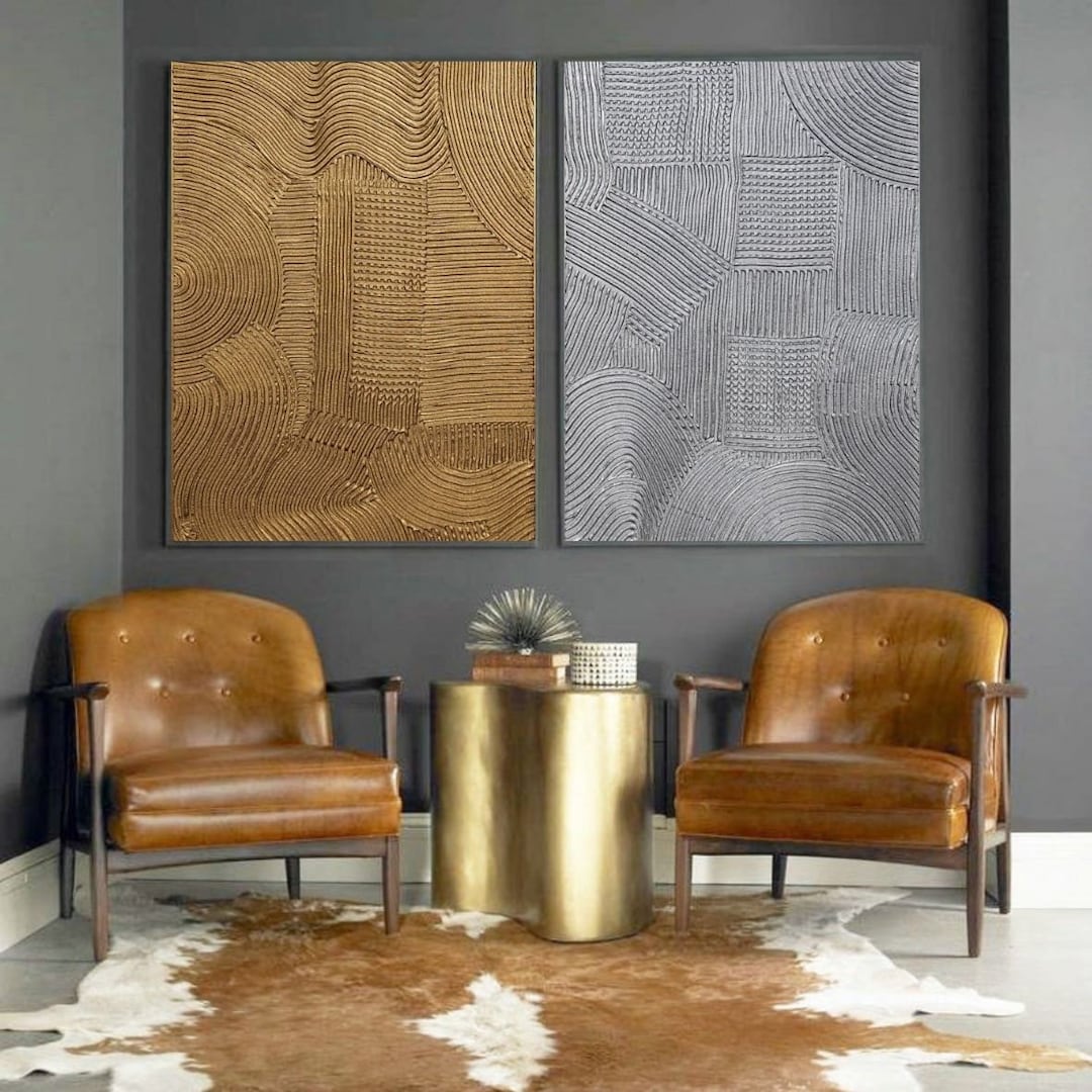 Textured Gold Silver Painting Set: 3D Abstract Canvas Art - Etsy
