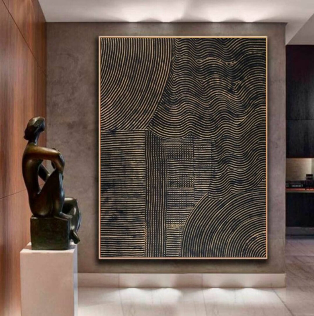 Oversized Wall Art Black & Bronze Abstract Painting Textured 3d Plaster ...