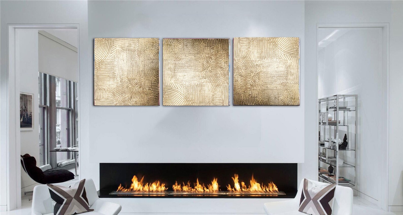 Large Painting Oversize Set of 3 Gold Abstract Wall Art Living | Etsy