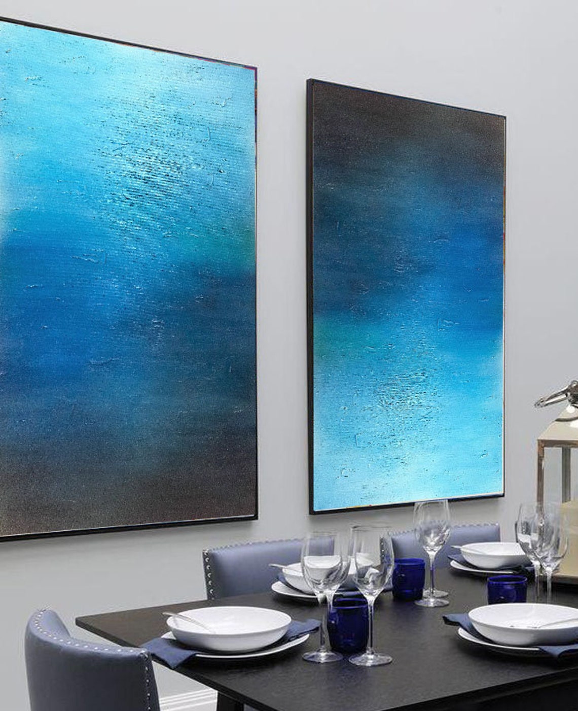Blue Large Painting Oversize Set of 2 Abstract Wall Art - Etsy