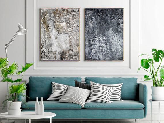 Large Texture Painting Set of 2 Abstract Wall Art Living Room | Etsy