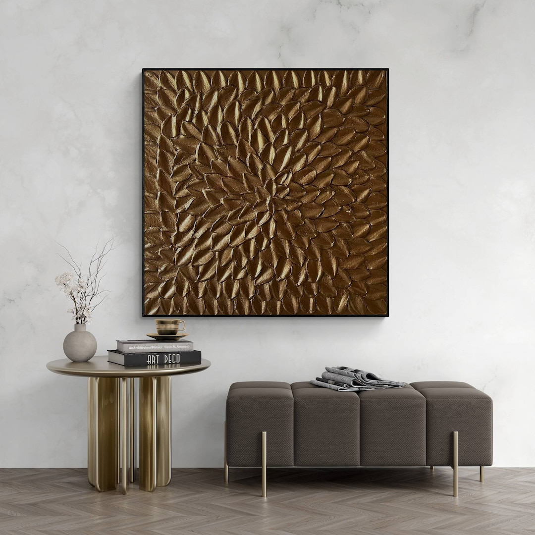 Oversized Bronze 3D Textured Painting: Modern Plaster Floral Wall Art ...
