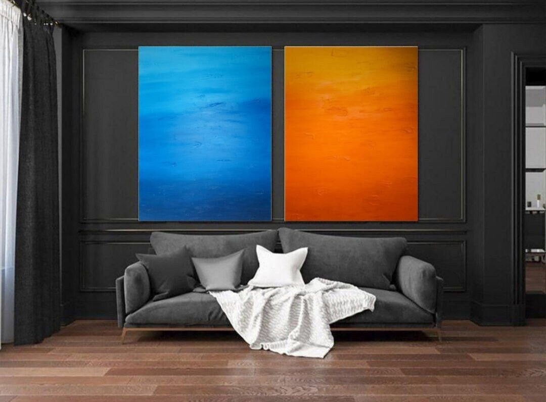 Oversize Set of 2 Blue & Orange Abstract Wall Art Living Room | Etsy