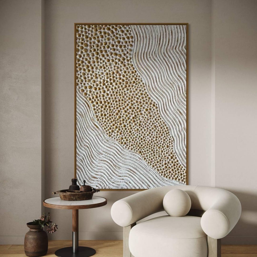 Extra Large 3d Textured Abstract White Bronze Plaster Lines & Dots ...