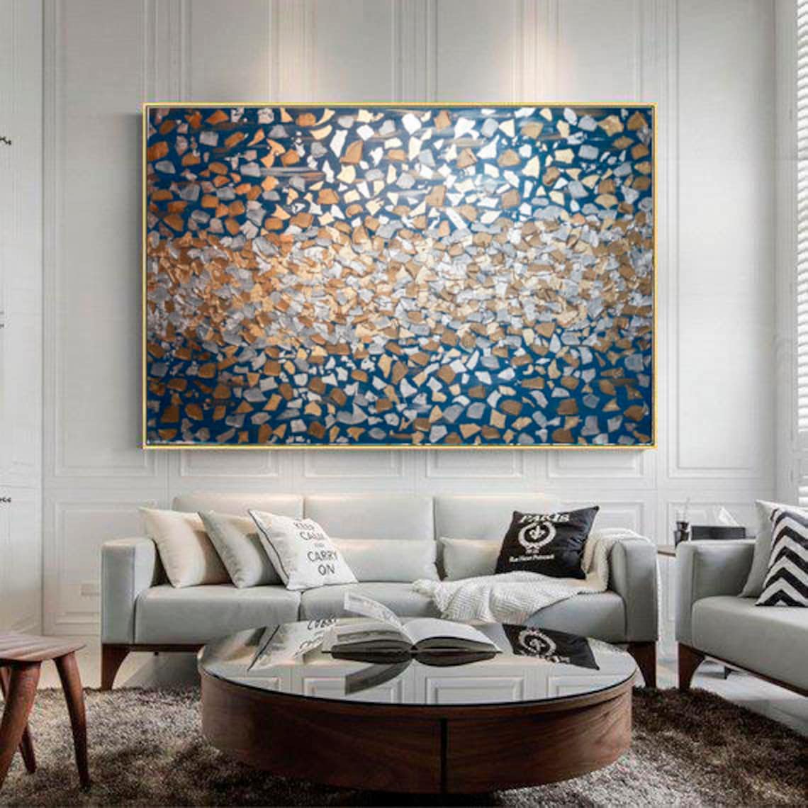 Large Painting Gold Silver Texture Abstract Living Room | Etsy