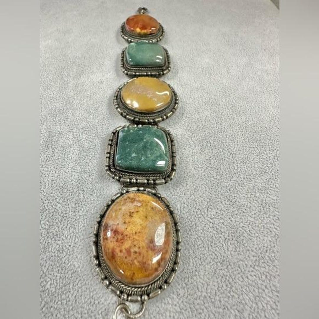 Vintage Artisan Indian Jasper Stone Silver Tone Chunky Boho Earth Tone ...