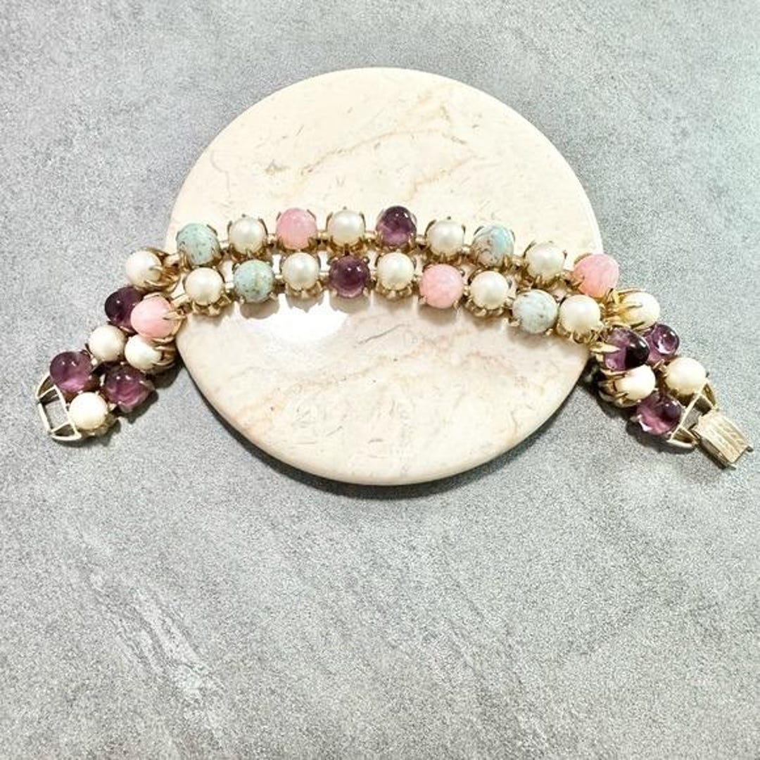 Vintage Unsigned Ciner? Multi-color Pastel Glass and Pearl Cabochon ...