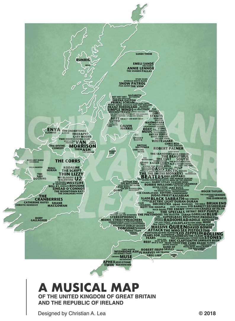 Musical Map of the UK & Ireland Iconic Bands and Artists Wall Art ...