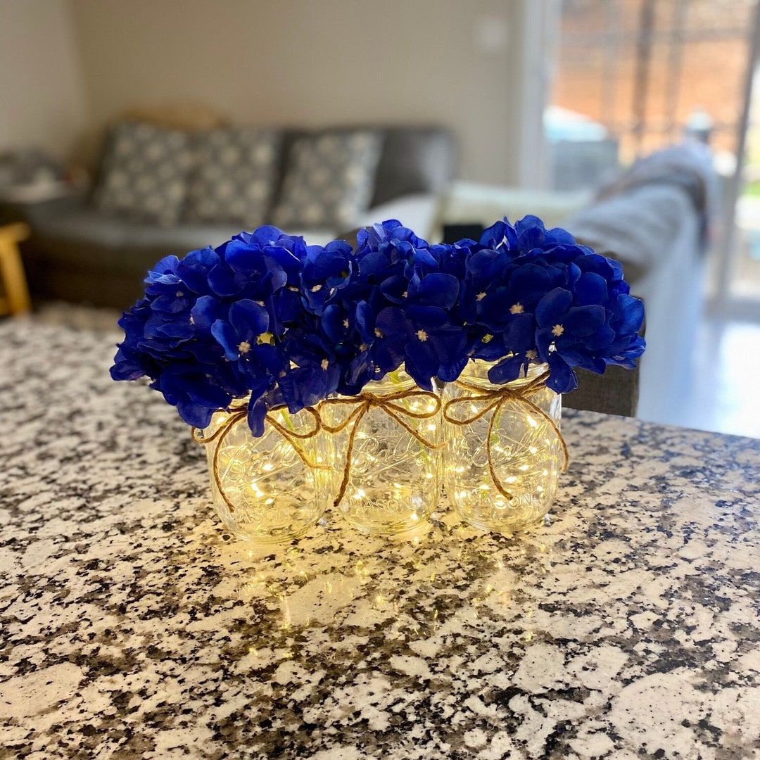 Lighted Mason Jar Centerpiece: Royal Blue Hydrangeas, Farmhouse Table ...